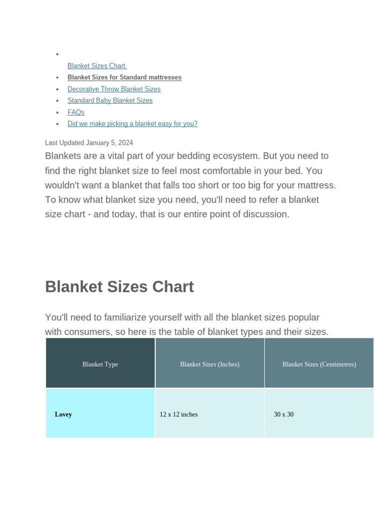 Blanket Sizes and Dimensions Guide | PDF