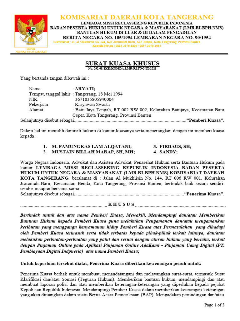 029.02 Surat Kuasa Aryati Pinjol Ada Kami OK | PDF