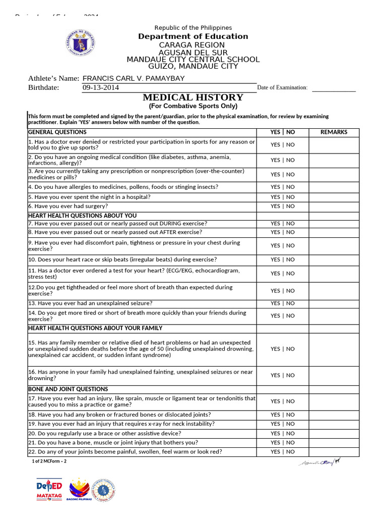 2024 Athlete Record Medhistoryonly | PDF | Diseases And Disorders ...