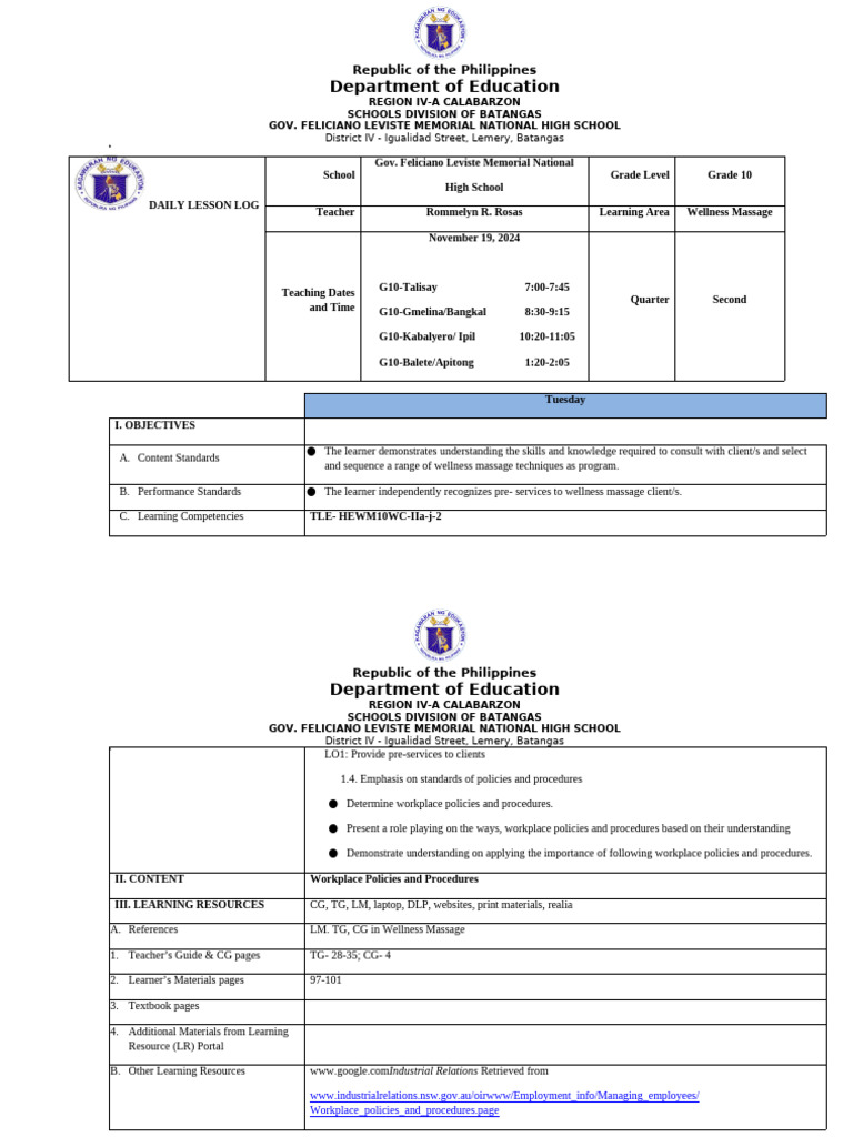 Workplace and Policies DLL TLE10 H.E WM Q2 L14-15 W6 LO1-1.4. | PDF ...