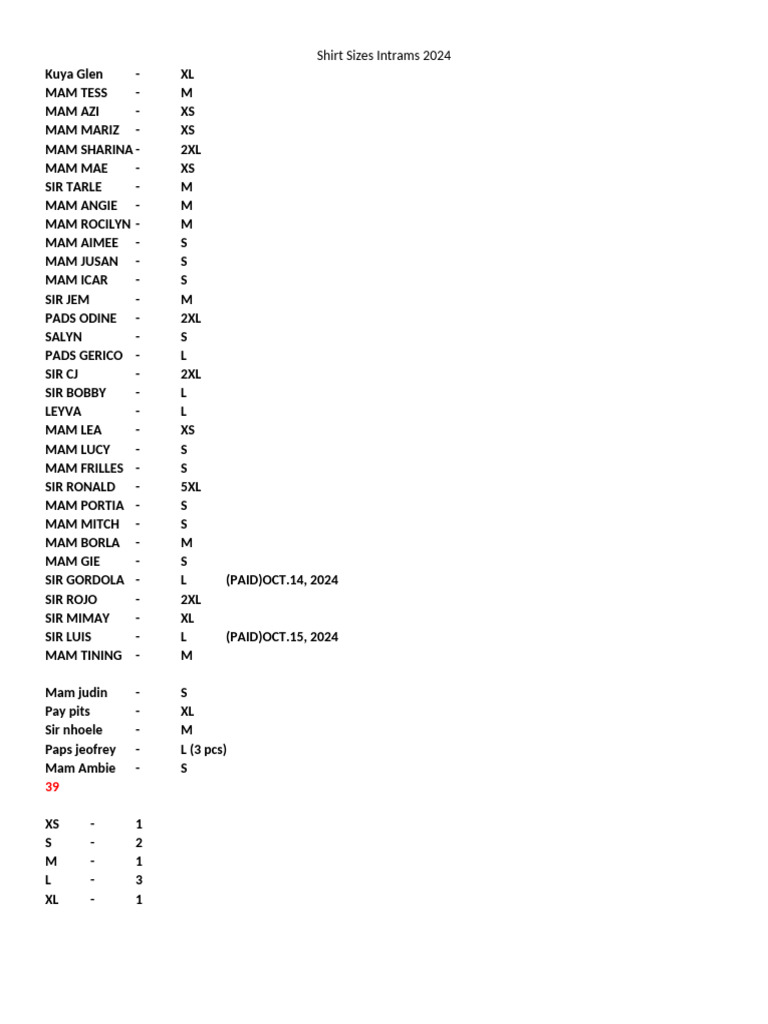 Shirt Sizes Intrams 2024 | PDF