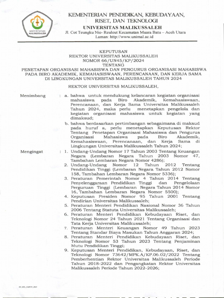 SK Organisasi Ukm SRR Unimal 2024 | PDF