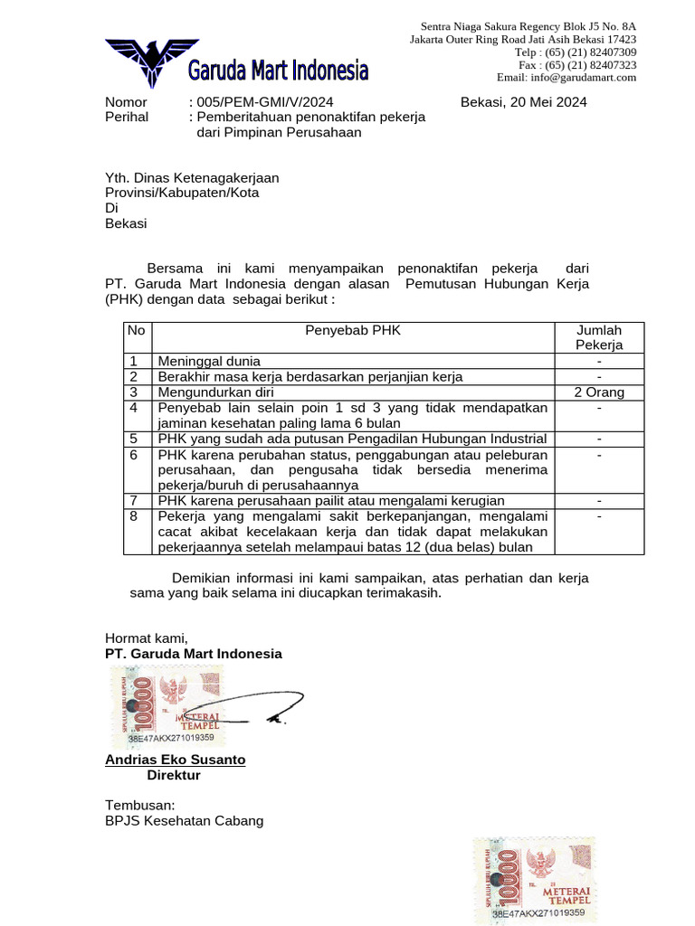 005-PEM-GMI-V-2024 - Penonaktifan Pekerja | PDF