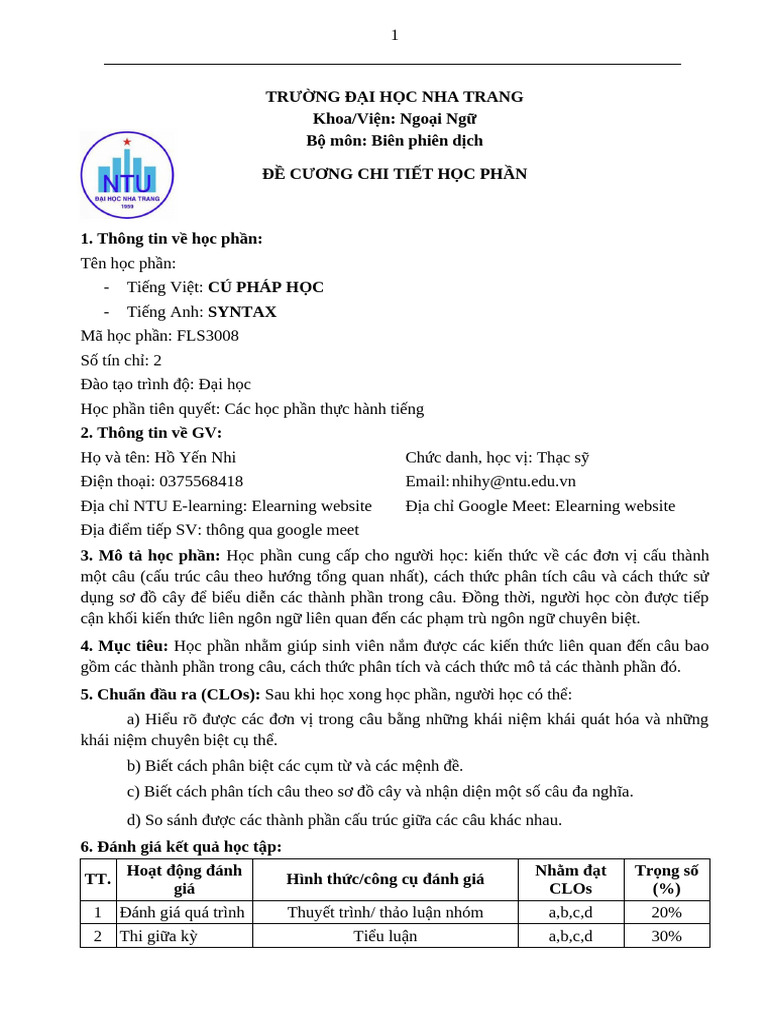 ĐCCTHP - 2022-2023 - HK1 - Cú pháp học | PDF