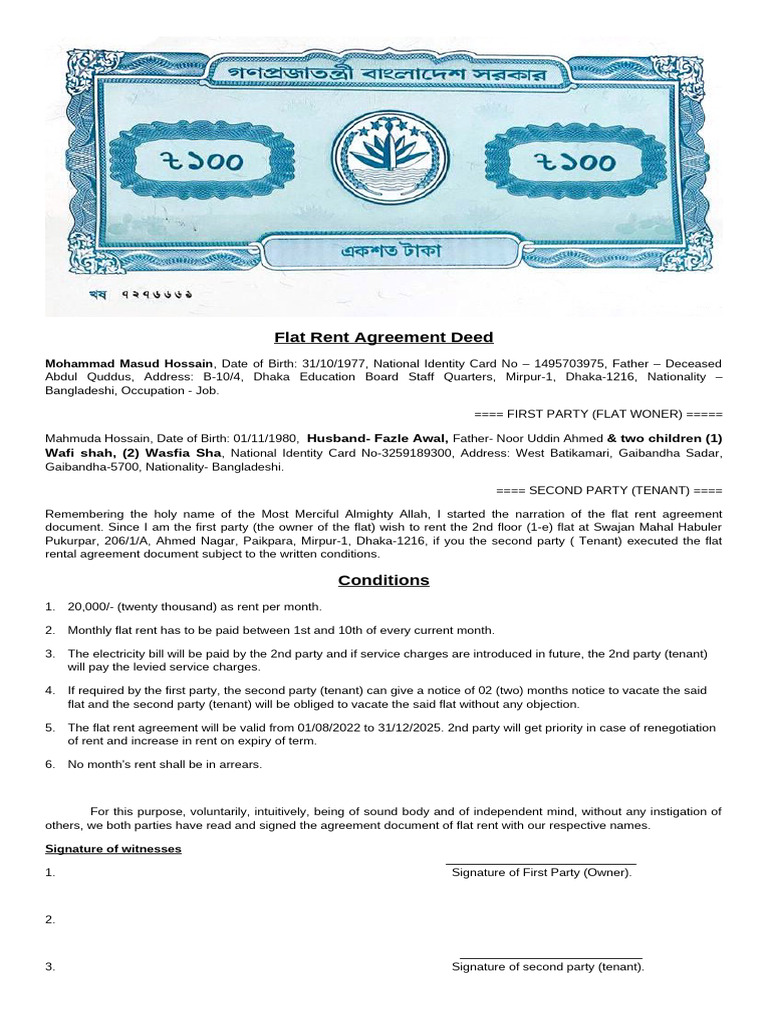 Flat Rent Agreement Deed | PDF | Property Law | Civil Law (Common Law)