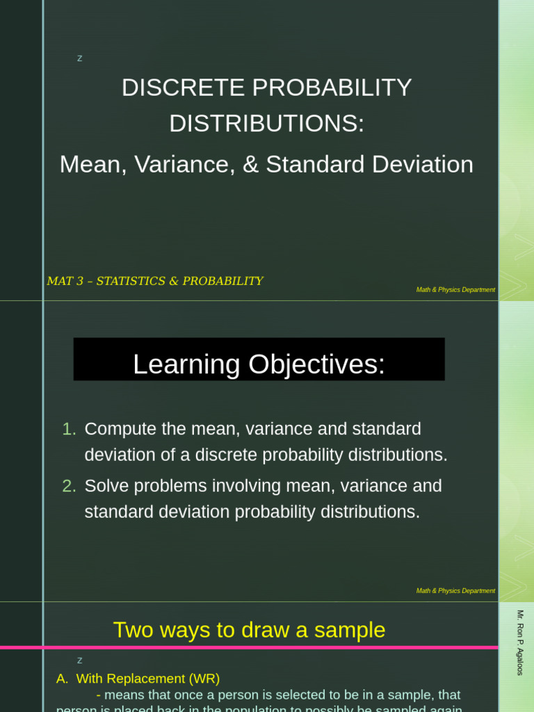 (Wk-4) Discrete Probability Distribution - MEAN, VAR, - SD | PDF ...