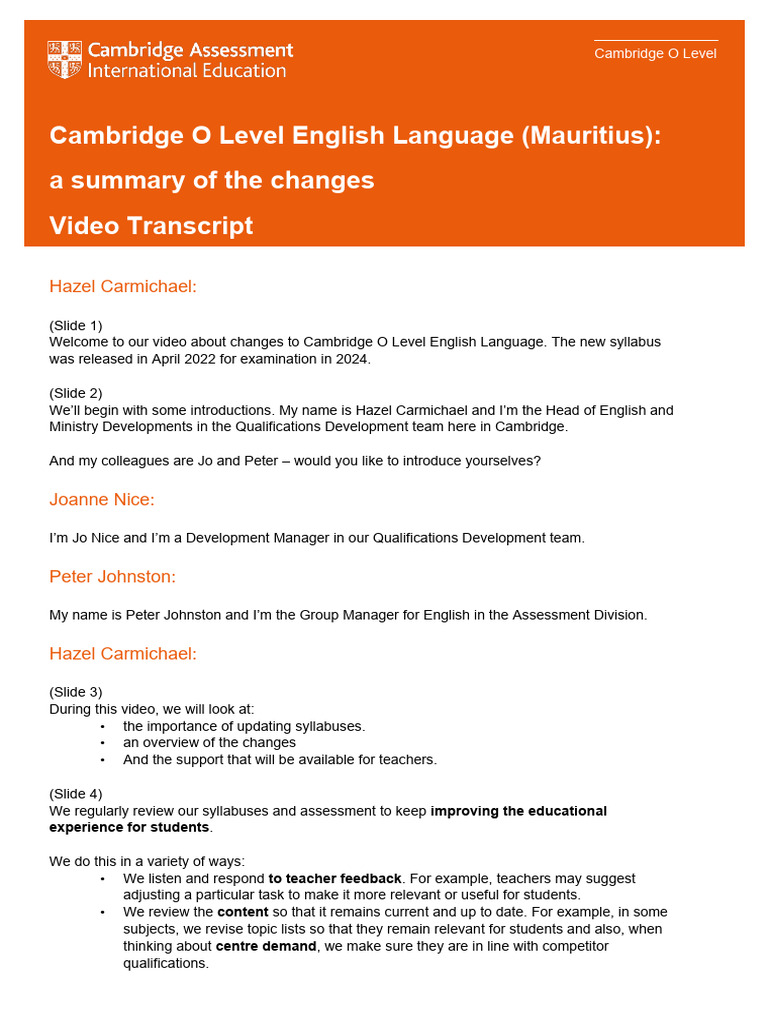 1125 Teacher Briefing - Transcript | PDF | Reading Comprehension | Cognition