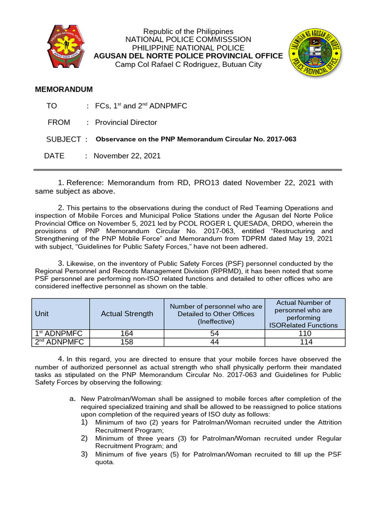 Observance on the PNP Memorandum Circular No. 2017-063 | PDF | Government