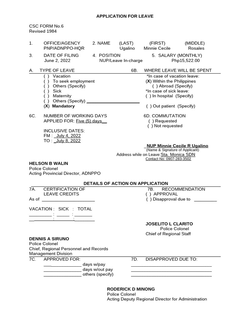 LEAVE APPLICATION FORMAT - Sample | PDF