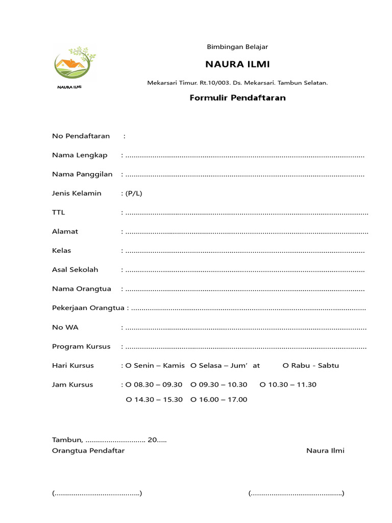 Formulir Pendaftaran Bimbingan Belajar | PDF