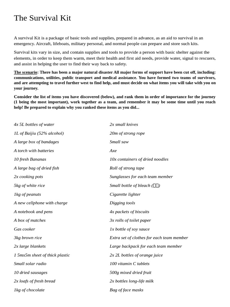 Essential Survival Kit Checklist | PDF | Foods