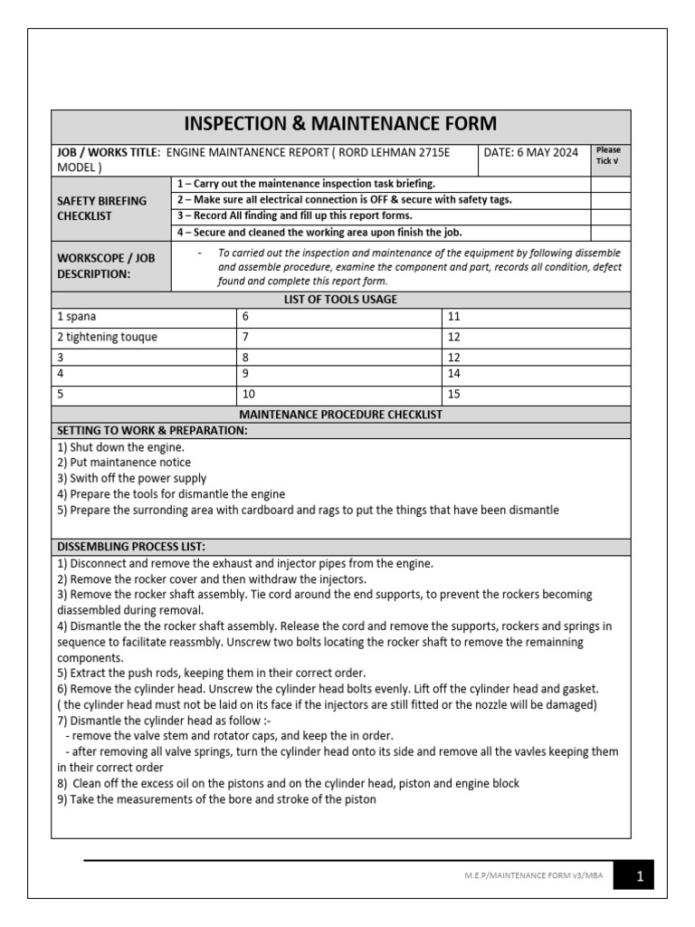 Mep Maintenance Form v3 | PDF | Piston | Valve