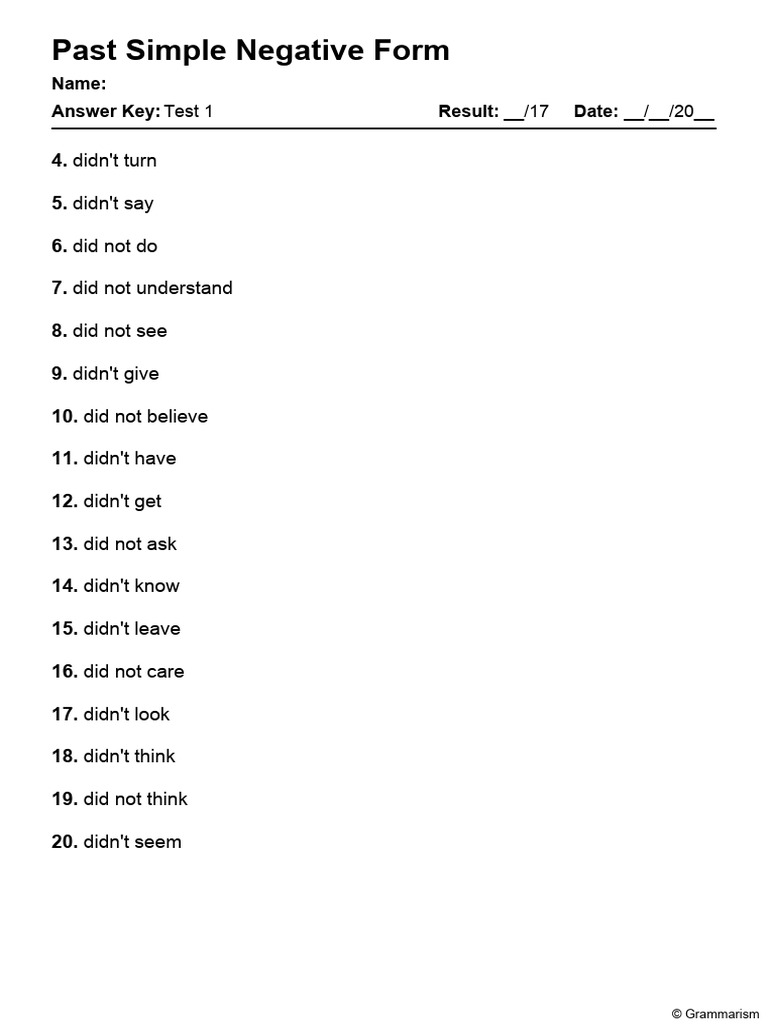 Grammarism Past Simple Negative Test 1 Answers 2518746 | PDF | Self ...