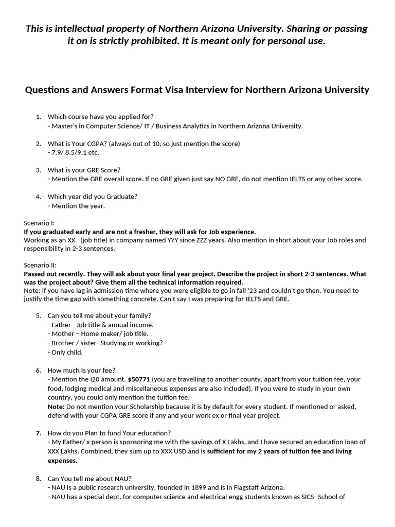 Questions and Answers Format Visa Interview For Northern Arizona ...