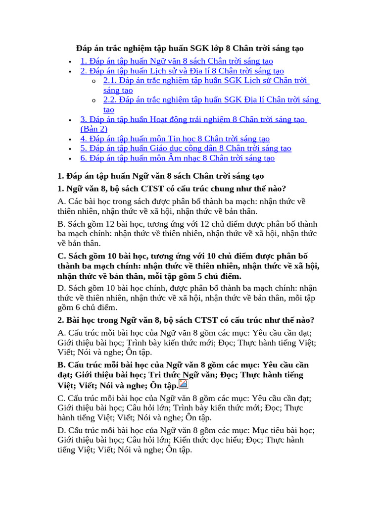 Dap An Trac Nghiem Tap Huan Sach Giao Khoa Lop 8 Chan Troi Sang Tao | PDF