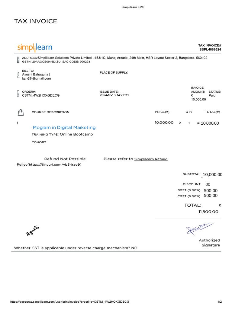Simplilearn bill | PDF | Invoice | Government