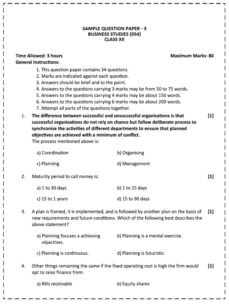 Business Studies Sample Question Paper | PDF
