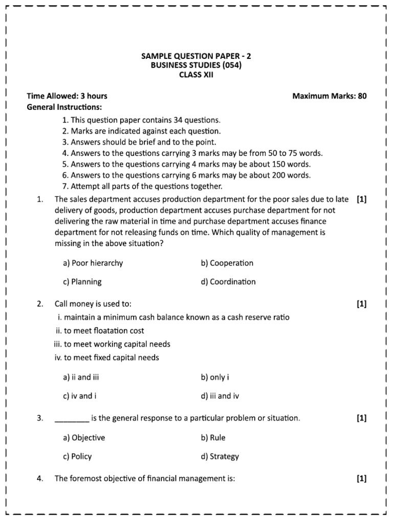 Business Studies Sample Question Paper | PDF