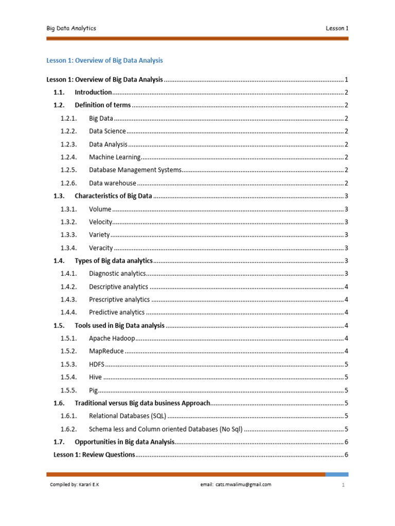 Lesson 1 Overview of Big Data Analytics | PDF | Apache Hadoop | Analytics