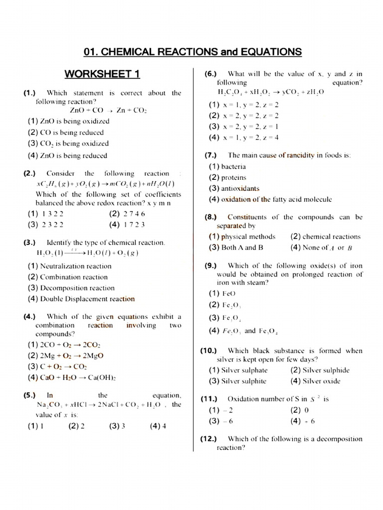 10th CBSE Science MCQ Worksheet Chapter 1 | PDF