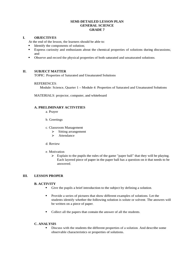 SEMI-DETAILED LESSON PLAN(OUTPUT) | PDF | Solubility | Cognition