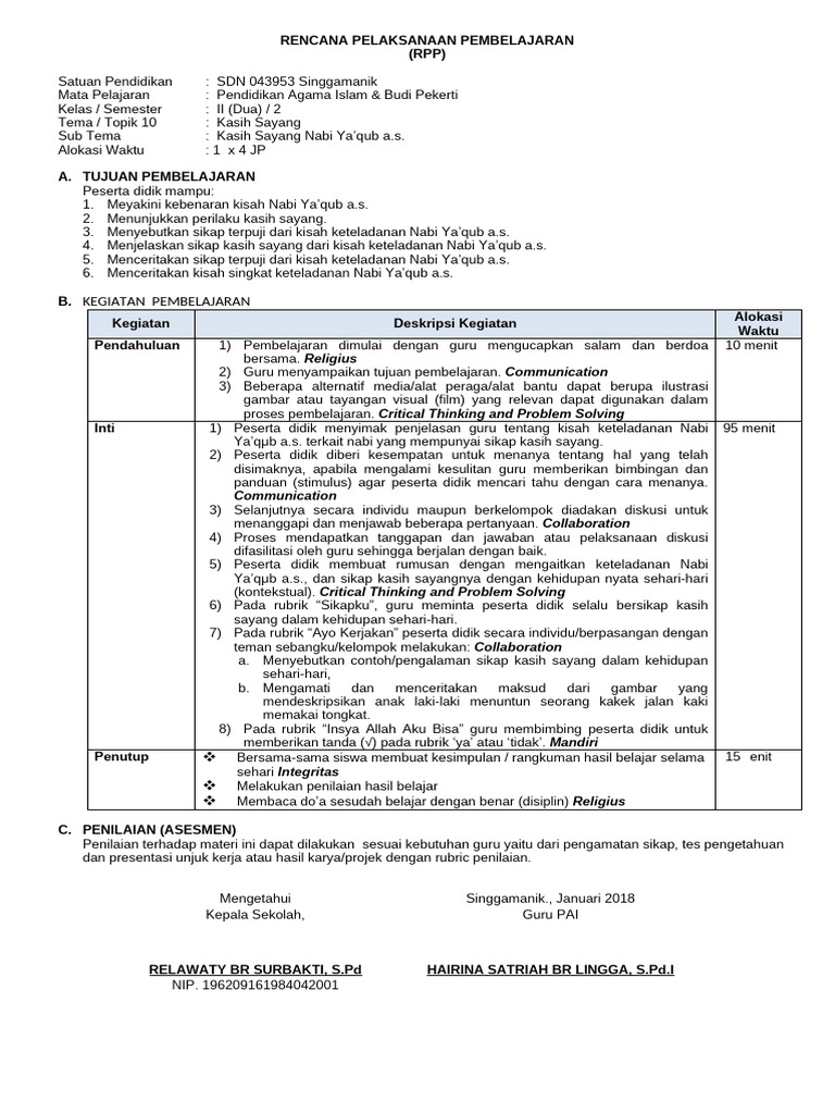 9 RPP I Lembar PAI Kelas 2 Sem. 2 | PDF | Karier & Perkembangan | Pengembangan Diri