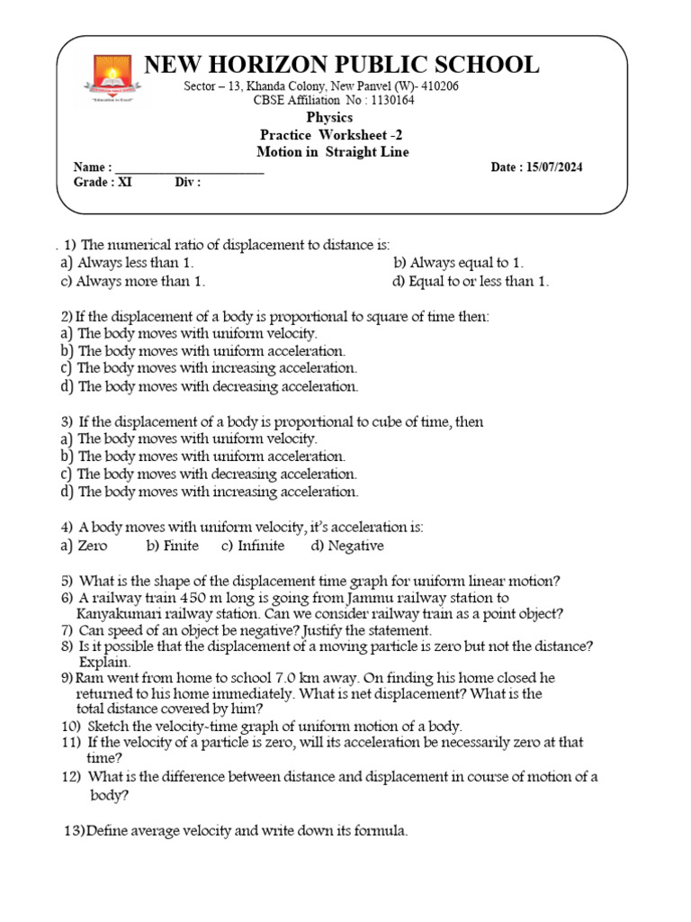 Motion in Straight Line Worksheet 2024 - 240710 - 135154 | PDF ...