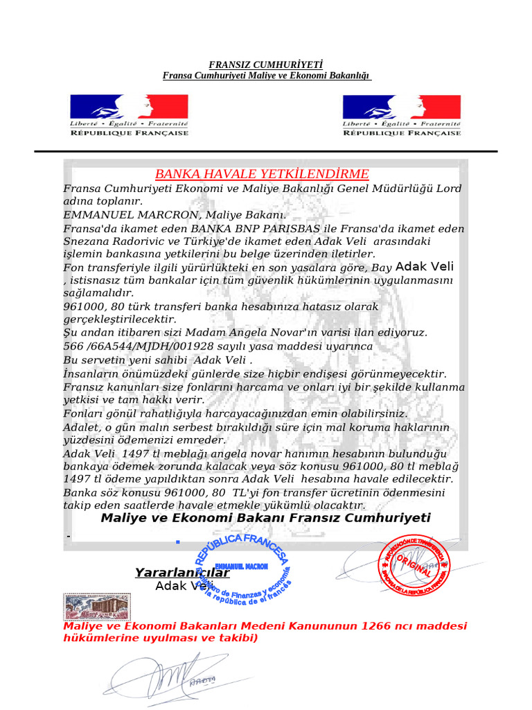 Banka Havale Yetkilendirme: Adak Veli | PDF