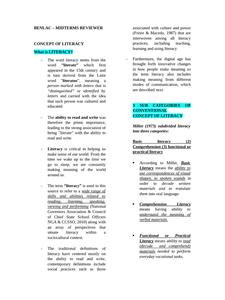 BENLAC - Reviewer (Midterms) | PDF | Literacy | Critical Thinking