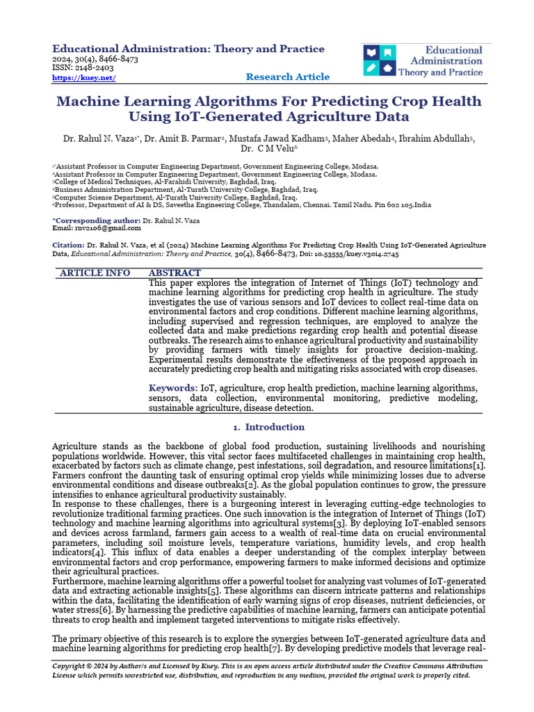 Paper - 4 - Machine Learning Algorithms For Predicting Crop Health Using Iot Generated ...