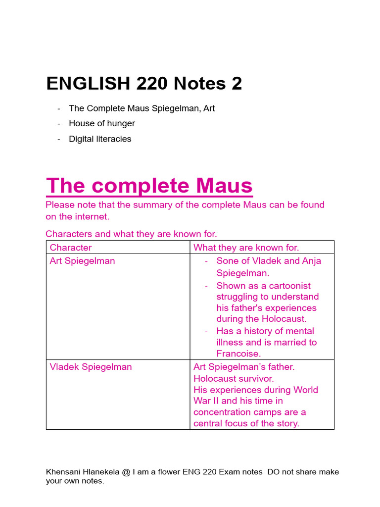 ENG 220 Maus Exam Notes Summary | PDF | Narrative | Postcolonialism