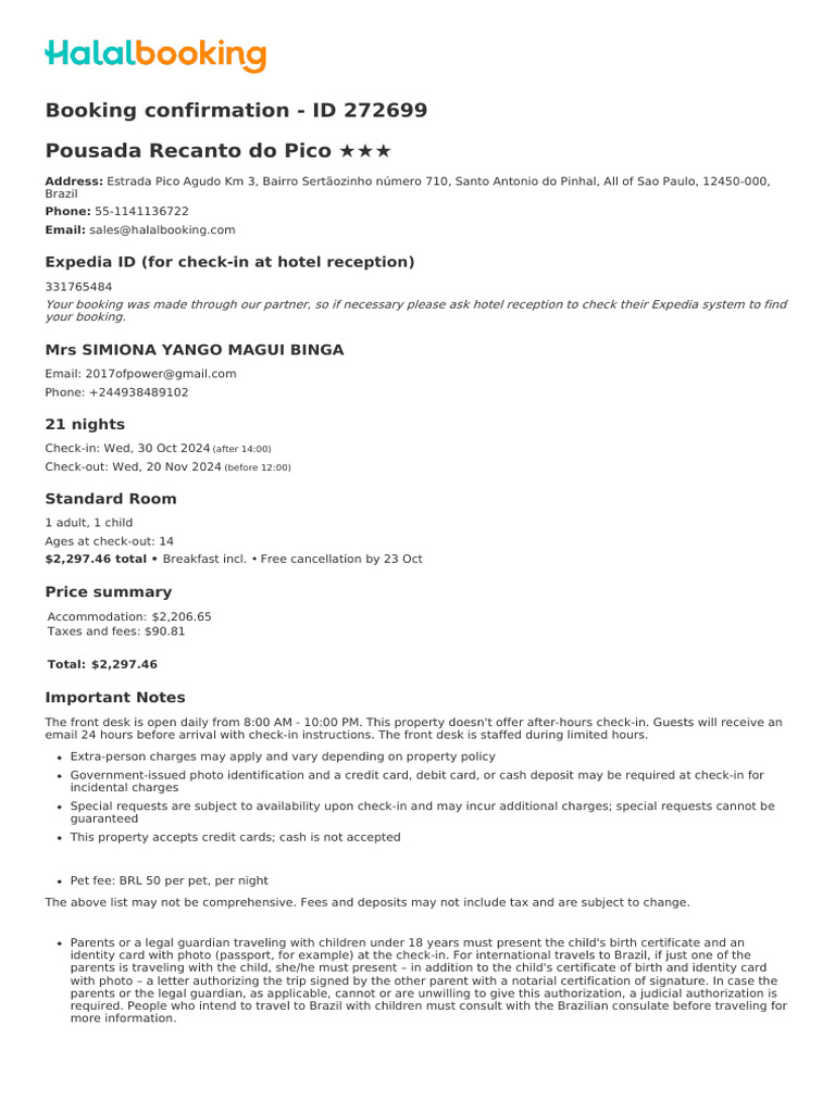 Booking Confirmation - ID 272699 Pousada Recanto Do Pico | PDF