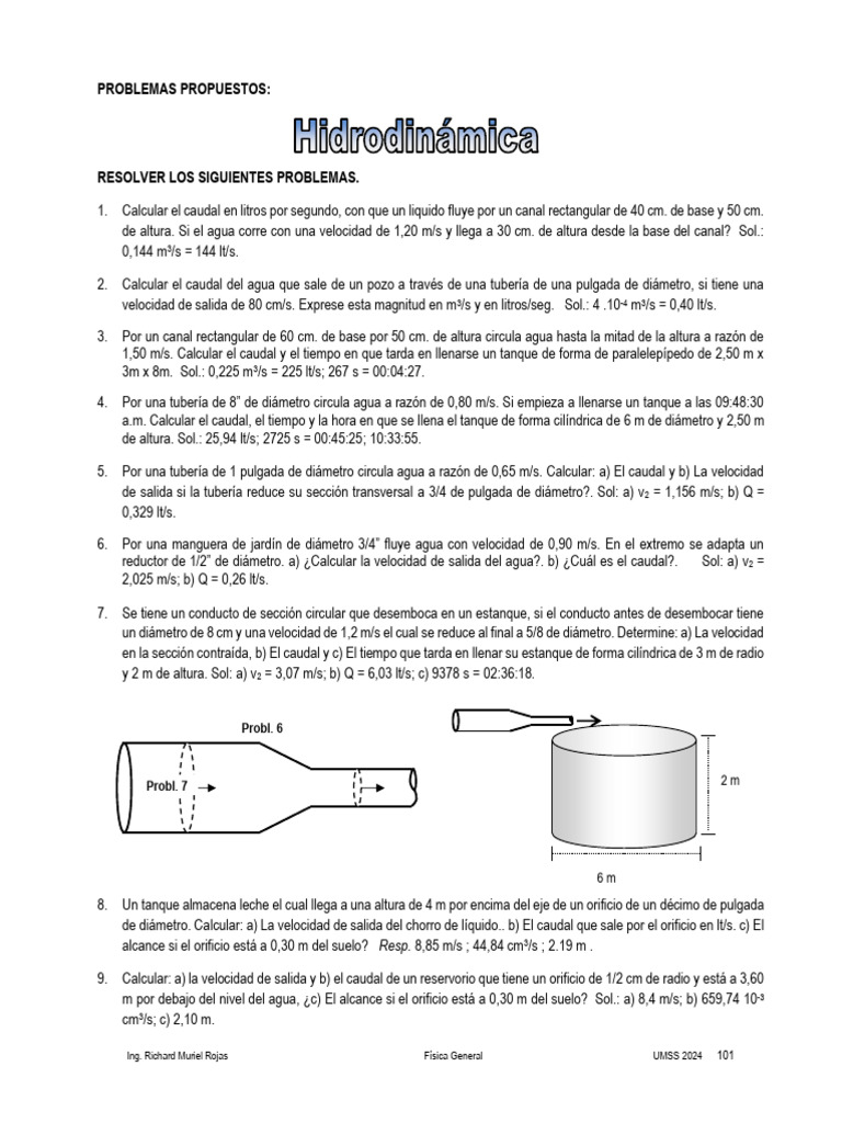 Problemas Propuestos de Hidrodinamica 2024 | PDF | Presión | Pascal (Unidad)