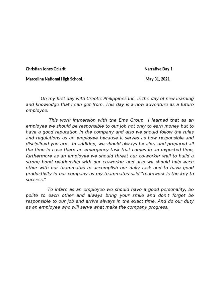 Chrustian Oclarit Day1 Narrative | PDF