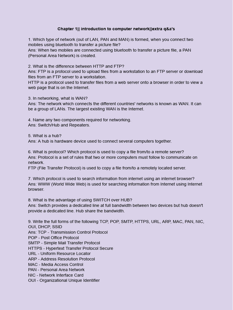 Chapter 1 - Introduction To Computer Network - Extra Q&a's | PDF | Computer Network | Network ...