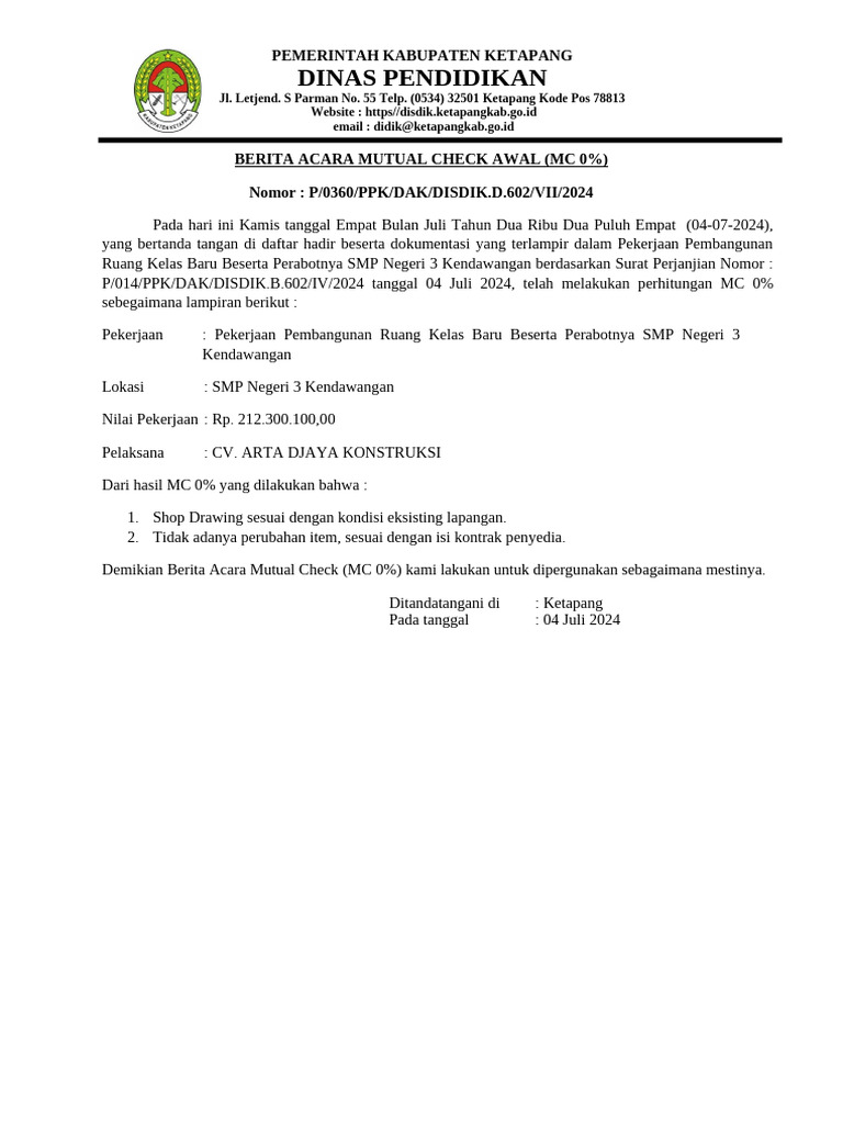 Berita Acara Mutual Check Awal MC 0% RKB SMPN 3 Kendawangan | PDF