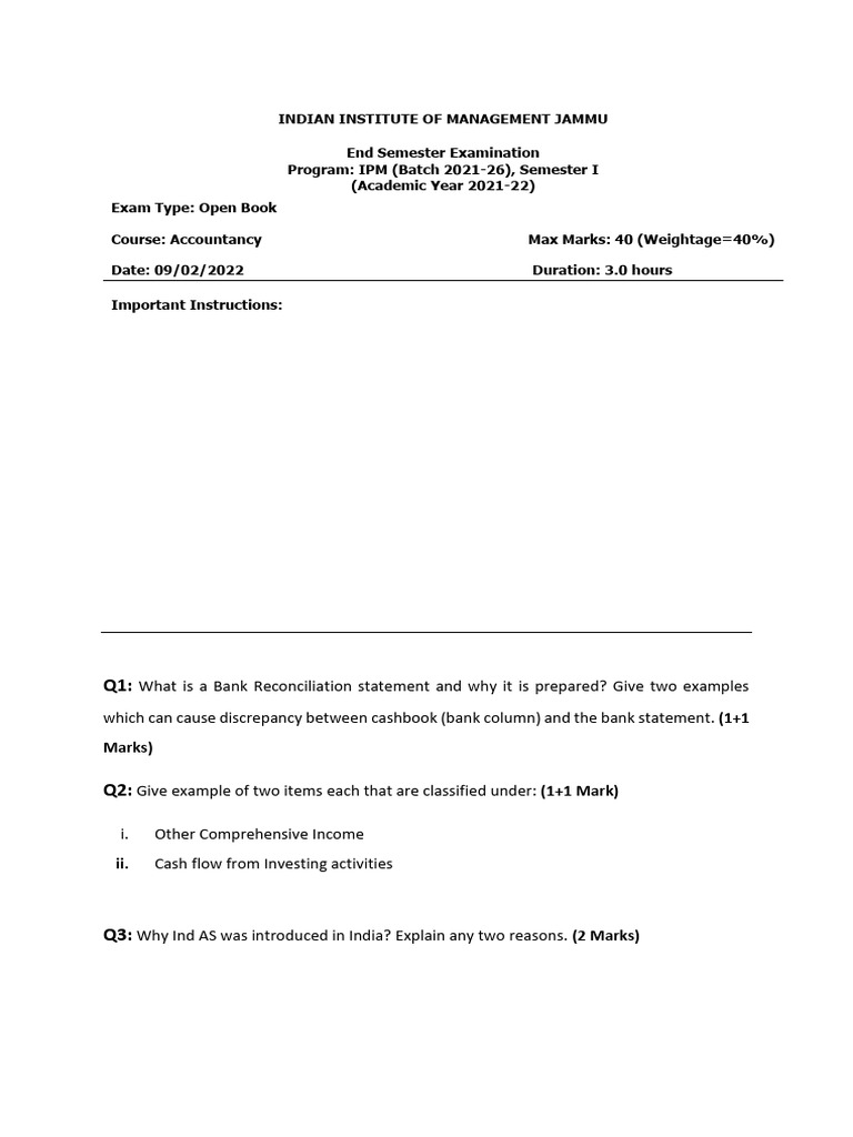 Accountancy QP End Sem (S I) IPM | PDF | Debits And Credits | Interest