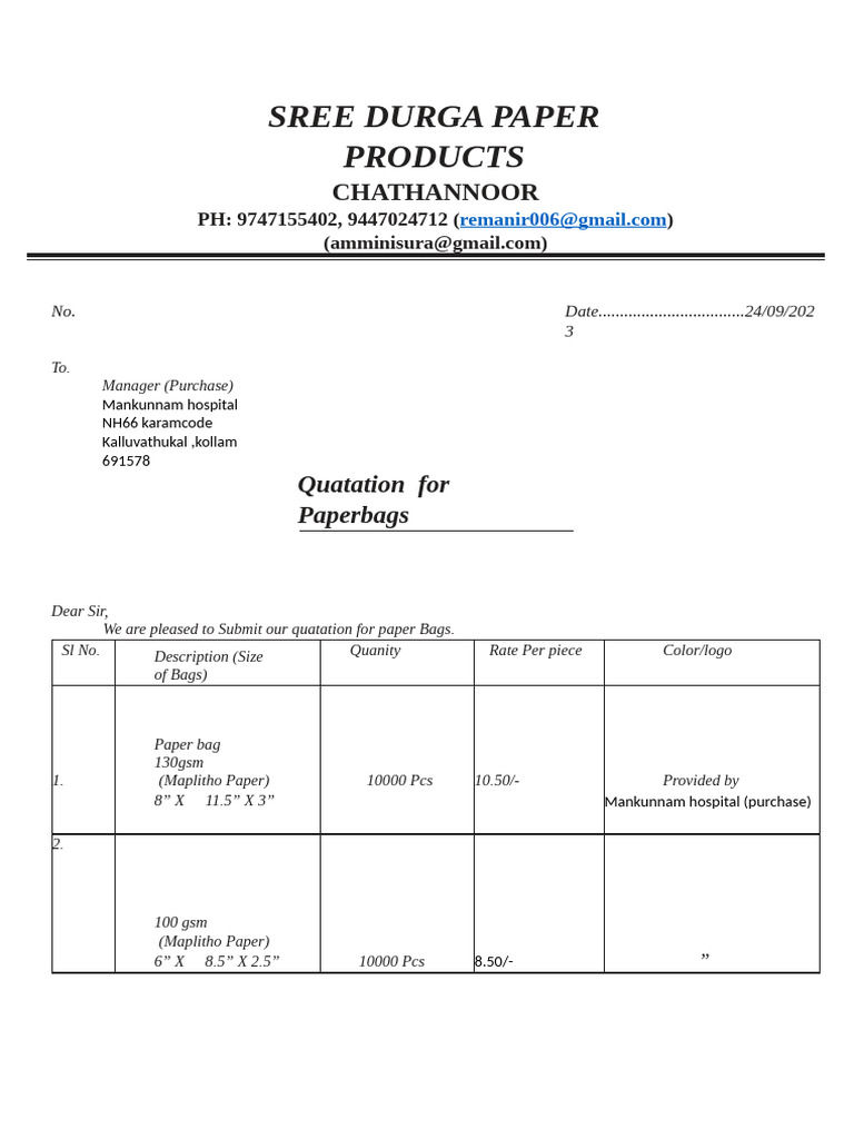 Paper Bag Quotation for Mankunnam Hospital | PDF