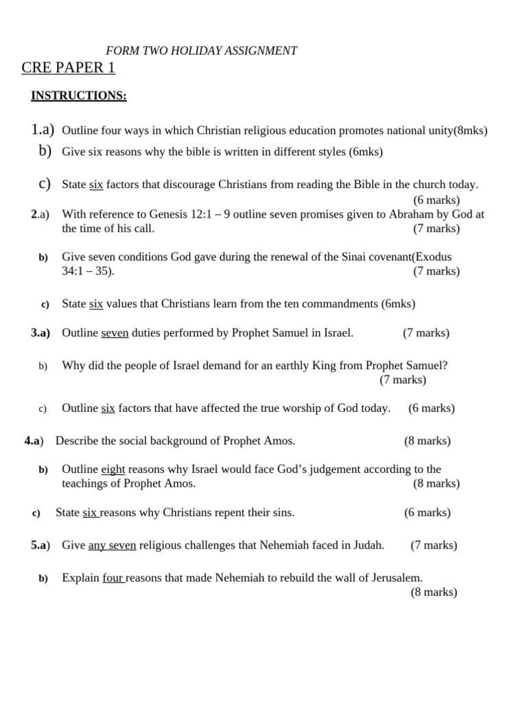 Form Two Cre Holiday Assignment | PDF | Bible | Ten Commandments