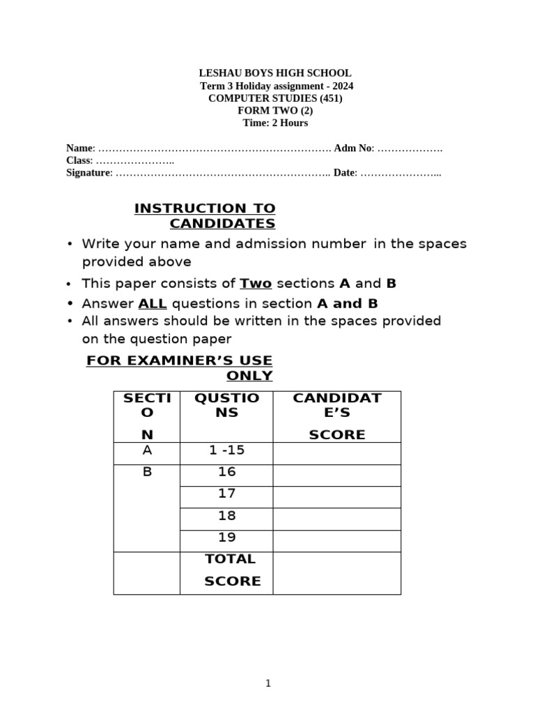 FORM 2 T3 HOLIDAY ASSIGNMENT 2024 | PDF | Computing | Computer Science