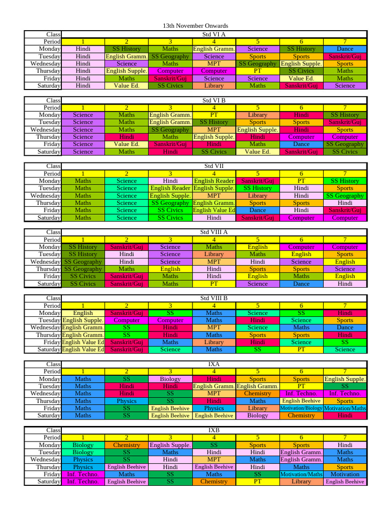 Morning Time Table - Classwise - Effective From Wednesday 13th November ...