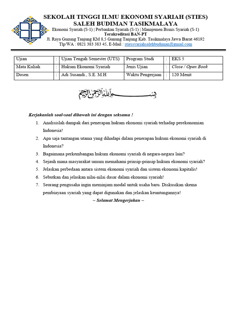 Format Soal UTS Ganjil 2024-2025 Hukum Ekonomi Syariah | PDF | Karier & Perkembangan