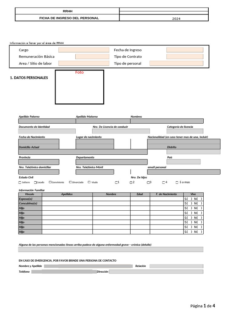 Ficha de Ingreso de Personal | PDF