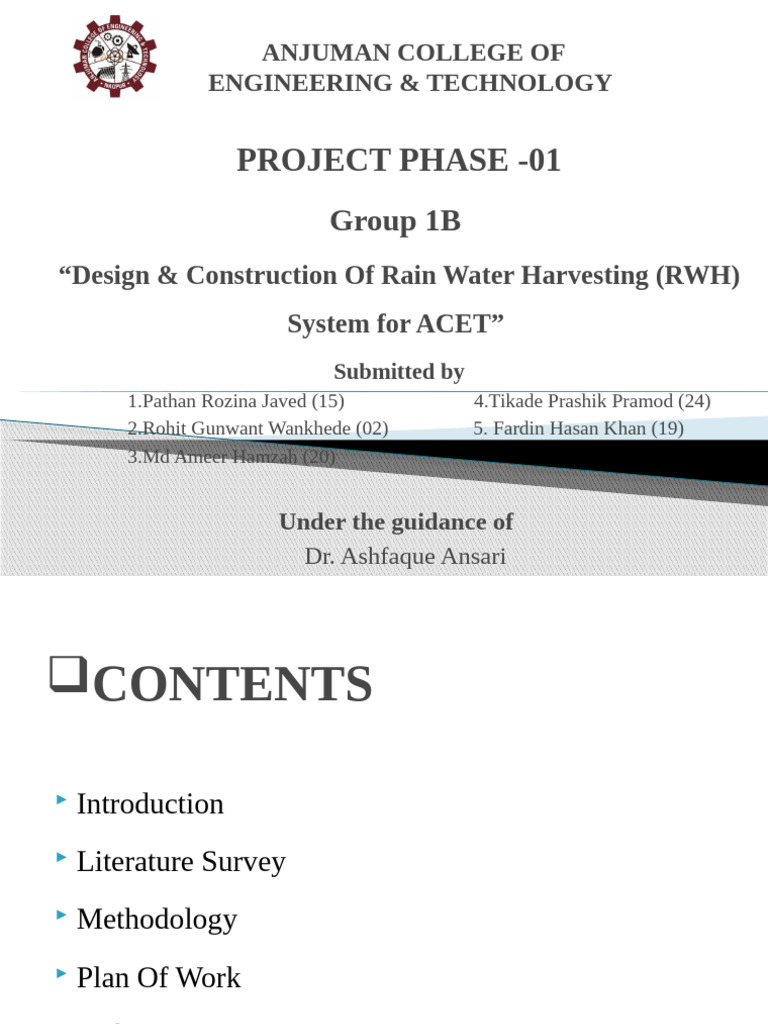 Design & Construction of Rain Water Harvesting (RWH) System For ACET-2 | PDF | Water ...