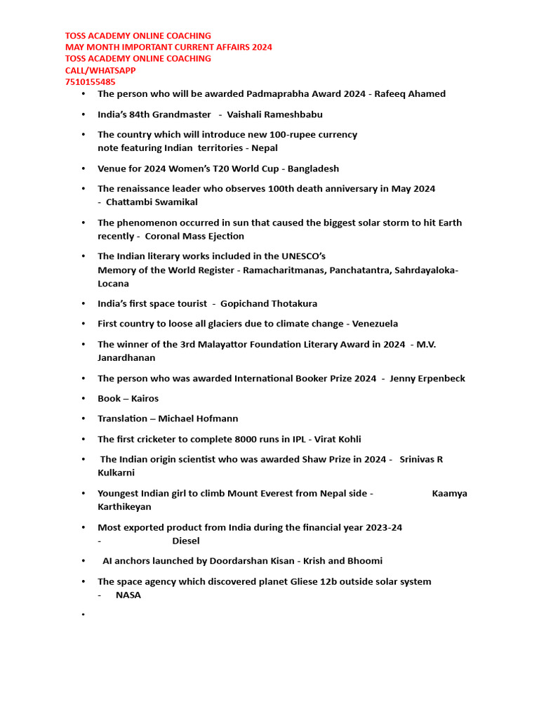 2024 May Current Affairs | PDF | Travel | Religion & Spirituality