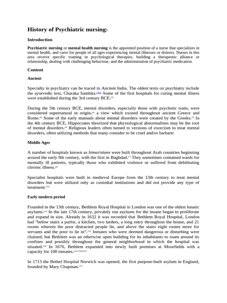 History of Psychiatric Nursing | PDF | Psychiatry | Mental Disorder
