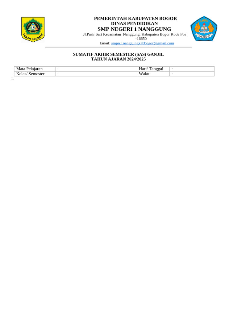 Format Soal Sas Ganjil 2024-2025 | PDF