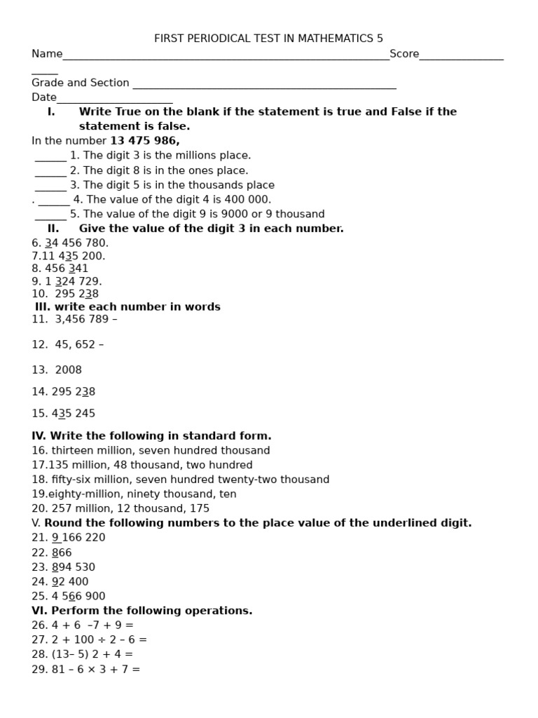 Math 5 Periodical Test Questions | PDF