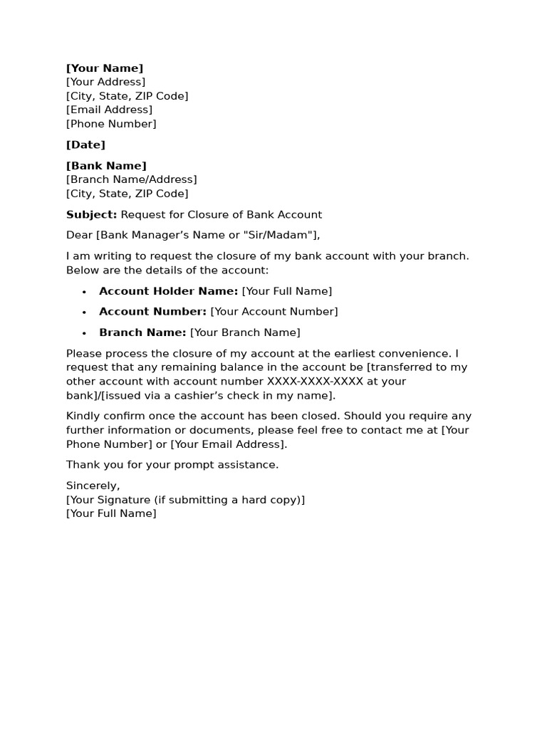 Bank Account Closure Request Template | PDF | Law