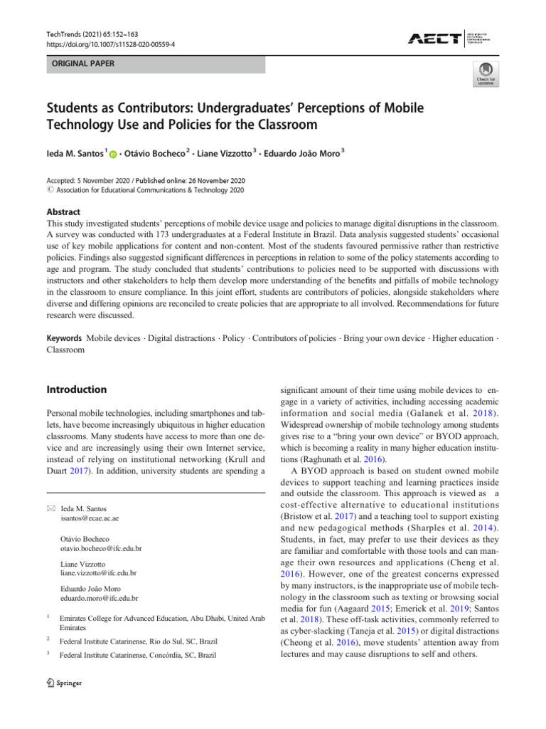Santos Et Al (2021) Student Perceptions of Mobile Tech Use | PDF ...